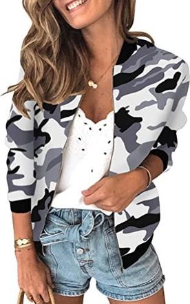 TOMWELL Blouson Bomber Femme Mode Manteau Veste Femme Motard Blouson Outwear Zipper Court Fleur Imprimer Veste Chic Printemps Été Blouson Court A Camouflage L