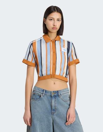 adidas Originals Summer Glow - Gestreiftes, kurz geschnittenes Polohemd in Orange