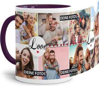 Tassendruck Tasse mit Spruch Love zum SELBSTGESTALTEN mit Foto-Collage für 8 WUNSCHFOTOS - Fototasse personalisiert - Persönliche Geschenkidee für Freunde und Fam