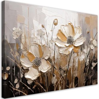 Feeby Leinwand Bilder - Bild Wohnzimmer - Beigefeldblumen Abstrakt - 120x80 1tlg - Deko Schlafzimmer Groß - Dekoration Canvas - Gemälde - Modern Wandbilder 