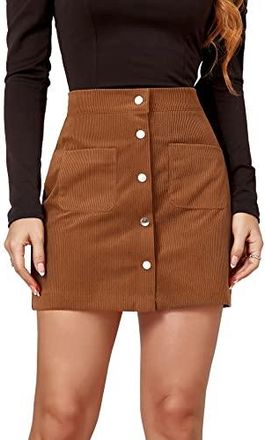 Feoya Mini Jupe Moulante Femme Jupe en Velours Côtelé Jupes Courte Taille Haute avec Poche Short Boutonnée Devant Crayon Shorts Droite Extensible Élastique 