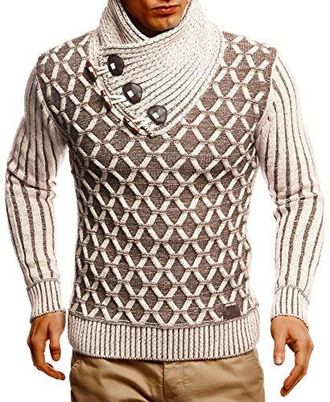 LEIF NELSON Pull en tricot pour homme | Manches longues avec motif géométrique | Pull dhiver avec col châle pour homme, marron clair, Taille S