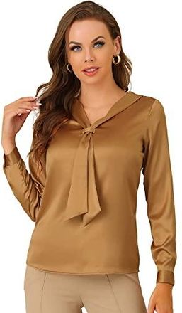 Allegra K Femmes Chemisier Soie Col Cravate Chemise Bureau Élégante Manches Longues Kaki M