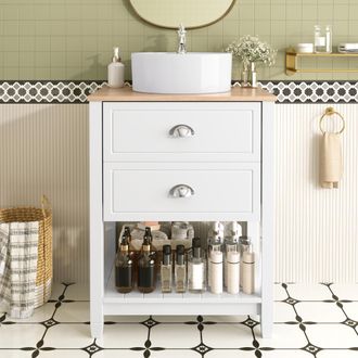 Generic Waschtisch mit Waschbecken Wei&szlig; Holz Optik 45 cm Badm&ouml;bel Set Stehend Rundbecken Keramik Unterschrank 2 Schubladen & Offenes Fach Skandinavisches Desi