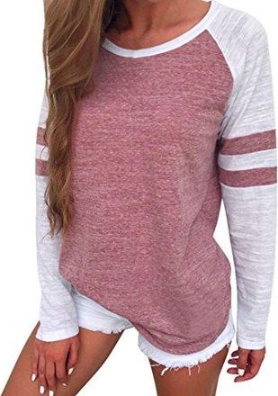 OverDose Casual Blouse Femme Manches Longues, Hiver T-Shirt Rayures Color Block Chemisiers Tops (38, Rose)
