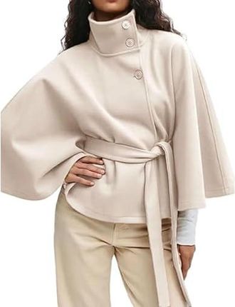 Generic Capes à col montant et ceinture tendance pour lautomne, manteaux en laine avec col ceinturé élégant, femmes, manteau court dhiver, abricot, S