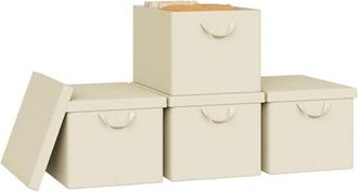 Woltu Lot de 4 Boîtes de Rangement Pliables, Paniers de Rangement en Tissu Non Tissé, avec Couvercle et Poignées, pour Jouets et Vêtements, Crème, 48x36x30c