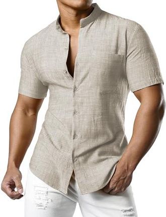 JOGAL Chemise en lin à manches courtes pour homme - Coupe droite - Chemise dété boutonnée - Chemise de loisirs, kaki clair, XL