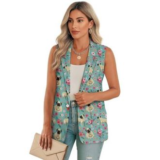 CHAQLIN Gilet sans manches pour femme avec col en V et poches, Carlin mignon., 4XL