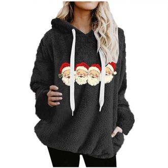 Generic Sweat à capuche de Noël léger pour femme, doublure en polaire pelucheuse, imprimé amusant, col rond, manches longues, pull de vacances pour entraîneme
