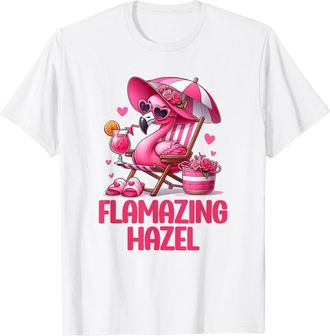 BDAZ Flamazing Hazel Pink Flamingo Tropical Beach Trip Damen T-Shirt