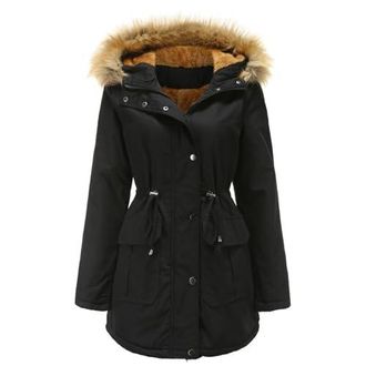 Generic Manteaux dhiver pour femmes, parkas en polaire chaude en coton avec capuche en fourrure, manteau tendance, Noir, 3XL