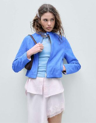 Stradivarius Motorradjacke aus 100% Leder in K&ouml;nigsblau-Marineblau