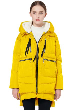 Orolay Damen Daunenmantel mit Verdickung Parka Kapuze Langer Puffer Mantel f&uuml;r Winter Gesteppte Gepolsterte Winddichte Oberbekleidung Gelb L