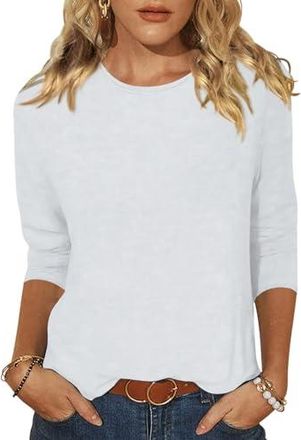 Minetom T-Shirt à Manches 3/4 pour Femme Tee Shirt Col Rond Coupe Classique Ample Léger Pull Femme Chic et Elegant Printemps été Automne Basic Top A Blanc XXL