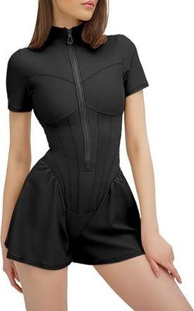 Generic Combishort long pour femme - Barboteuse décontractée sexy - Combinaison moulante à manches courtes - Fermeture éclair - Tenue de voyage pour femme, No