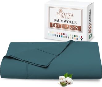 Pizuna Bettlaken ohne Gummizug Baumwolle 180x280 cm Pfauenblau, 400 Fadenzahl 100% Langstapel Baumwolle Bettlaken, Satinbindung Flachlaken Mit stilvollem 5 c