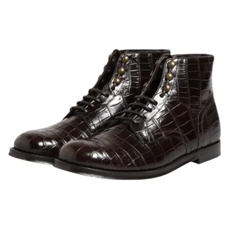 Dolce & Gabbana Crocodile Leather Lace-Up Boots - Brown