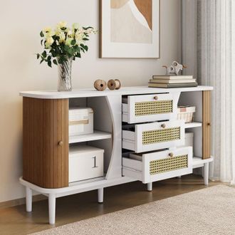 STILVORA Buffet et Enfilade avec 2 Portes, 3 Tiroirs en Rotin et &Eacute;tag&egrave;res R&eacute;glables, Style Naturel, en MDF, 140,5&times;40&times;76 cm, Blanc
