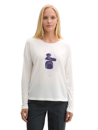 Tom Tailor Damen Longsleeve mit Print, 10315 - Whisper White, M