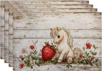 Generic Süße Pony-Erdbeer-Platzsets, rustikale weiße Esstischdekoration für Frühling und Sommer, rutschfest, waschbar, für drinnen und draußen, saisonales Ges