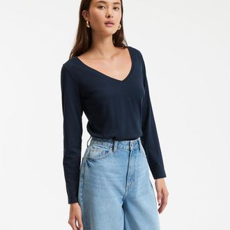 La Redoute Collections T-shirt En Coton Col V Manches Longues