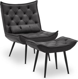 MCombo M Mcombo Sessel mit Hocker, Retro Vintage Lesesessel Loungesessel Stuhl Polstersessel, Kunstleder,4778MB (Dunkelgrau)