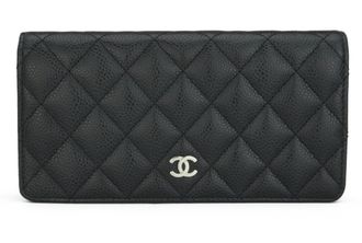 Chanel Black Caviar Leather Long Flap Yen Wallet with Silver Hardware