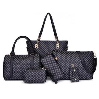Generic Lot de 6 sacs &agrave; main en cuir &agrave; carreaux pour femme avec poign&eacute;e sur le dessus, sacs &agrave; bandouli&egrave;re tendance pour femme, Noir, Large