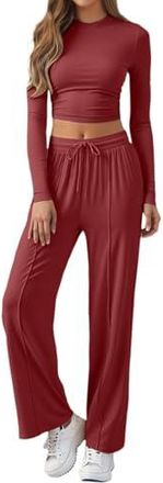 Generic Ensemble de Surv&ecirc;tement Deux Pi&egrave;ces pour Femme D&eacute;contract&eacute; Tenue de Sport Top &agrave; Manche Longue Taille Haute et Cordon de Serrage Pantalon avec Poches S