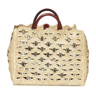Paco Rabanne Femme, Sacs, Beige, Taille: ONE Size Sac en Rafia Beige avec Disques M&eacute;talliques