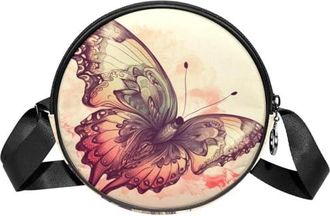 Generic Sac &agrave; bandouli&egrave;re rond pour femme, motif papillon vintage, petit sac &agrave; bandouli&egrave;re avec fermeture &eacute;clair, bretelles r&eacute;glables, sac &agrave; main rond d&eacute;contr