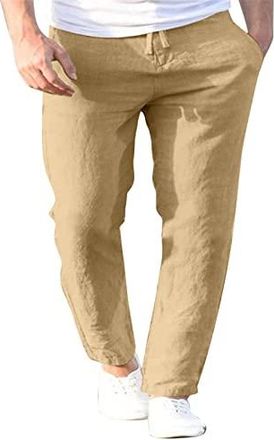 Generic Pantalon surdimensionn&eacute; en coton et lin pour homme - Pantalon de printemps et d&eacute;t&eacute; d&eacute;contract&eacute; - Peinture de couleur unie - Pantalon ample grande tail