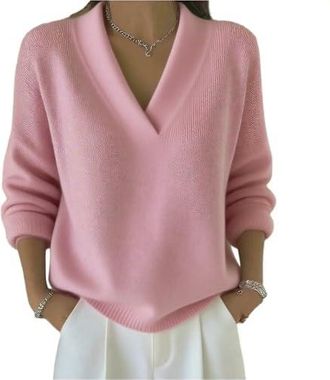 Generic QXDZSW Pull en tricot Top Pull Femme Top Manches Longues Couleur unie Col V Quotidien Multicolore R&eacute;seau Celebrity, rose, XXL