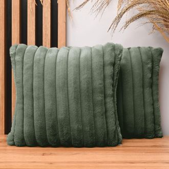 MG Design 2er Set Kissenbezüge 35 x 35 cm in Grün - mit Reißverschluss, langflorige Fell-Haptik, weich & Cosy, pflegeleicht
