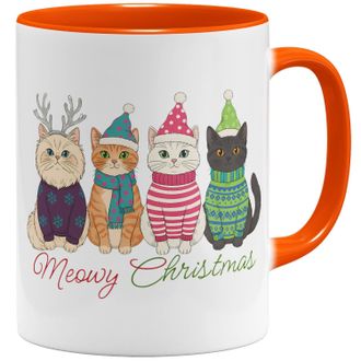 OM3 Meowy Christmas Kaffee-Tasse mit s&uuml;&szlig;en K&auml;tzchen - Weihnachtstasse 4 niedliche Katzen IV - Keramik Becher - 325ml - Beidseitig Bedruckt - Orange