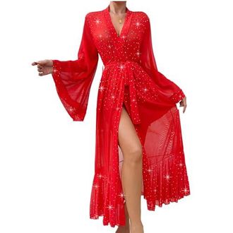 Generic Robe longue transparente femme, déshabillé sexy col en V, manches longues à volants, tulle léger, ceinture, nuisette élégante