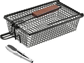 Navaris Panier de cuisson barbecue - Corbeille acier antiadhésif pour viande poisson fruits légumes avec poignée - Panier à griller avec pince