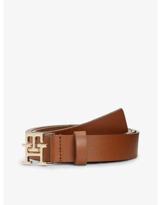 Tommy Hilfiger Leder-G&uuml;rtel in Khaki mit Schnalle und TH-Monogramm-Plakette-Braun