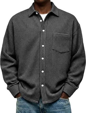 Generic Chemise boutonn&eacute;e &agrave; manches longues pour homme - Chemise gaufr&eacute;e &agrave; revers avec poche - Coupe d&eacute;contract&eacute;e - Chemisier daffaires urbain &eacute;l&eacute;gant - Haut 