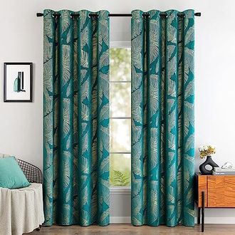 Miulee Rideaux Velours avec Motif Feuilles dor, Doux Rideau Vert Turquoise &agrave; Oeillet, Rideau Opaque pour Chambre et Salon, 2X L140xH175cm