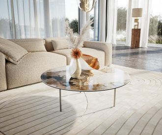 DELIFE Couchtisch Edge Rund 100x100 cm Keramik Patagonia Poliert Trive Edelstahl geb&uuml;rstet, Couchtische