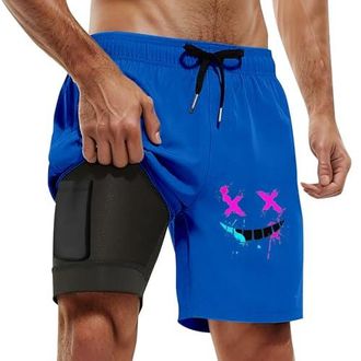 Generic Short de bain pour homme avec doublure de compression, couture int&eacute;rieure, short de bain, maillot de bain avec poches, bleu, 4XL