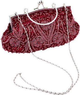 BESTONZON Pochette de Soir&eacute;e Brod&eacute;e &agrave; la Main pour Femme Paquet &agrave; Main Vintage en Tissu R&eacute;sistant Couleur Vin Rouge pour Banquet Mariage et F&ecirc;te Accessoire &Eacute;l&eacute;g