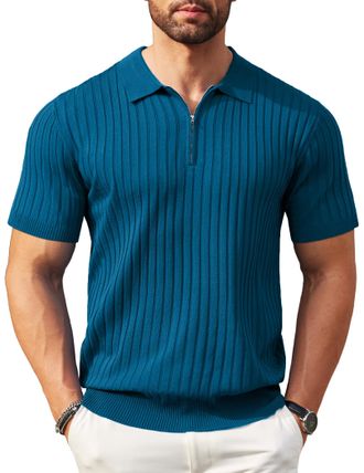 Coofandy Poloshirt Herren Kurzarm Strick Polo Shirts mit Rei&szlig;verschluss Golf Slim Fit Poloshirt Business Polohemd Jeansblau XXL