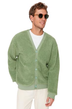 Trendyol Green V-Neck Plush Oversize Cardigan - Warm, Buttoned - TMNAW23HI00062