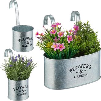 Relaxdays Hängetopf, 3er Set, 2 Größen, verzinktes Metall, Blumentöpfe zum Einhängen, Kräutertöpfe für Balkon, silber
