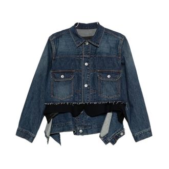 sacai Femme, Vestes, Bleu, Taille: 42 FR Veste en jean asym&eacute;trique &agrave; superpositions