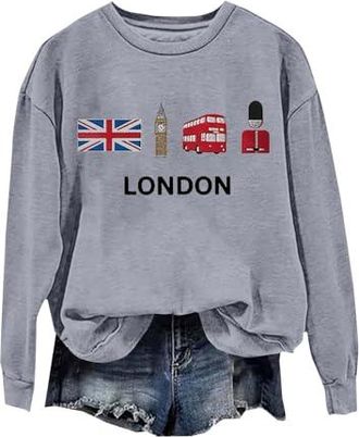 Generic Pull pour femme - Imprim&eacute; graphique britannique - Haut surdimensionn&eacute; - Col rond - Manches longues - Automne - Hiver - D&eacute;contract&eacute; - Confortable - Ten