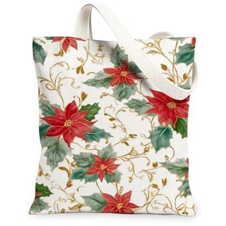 Generic Sacs fourre-tout en toile de poinsettia de No&euml;l, motif floral, r&eacute;utilisables, sacs d&eacute;picerie, vintage lavable, toile pour voyage, pique-nique, 33 x 38
